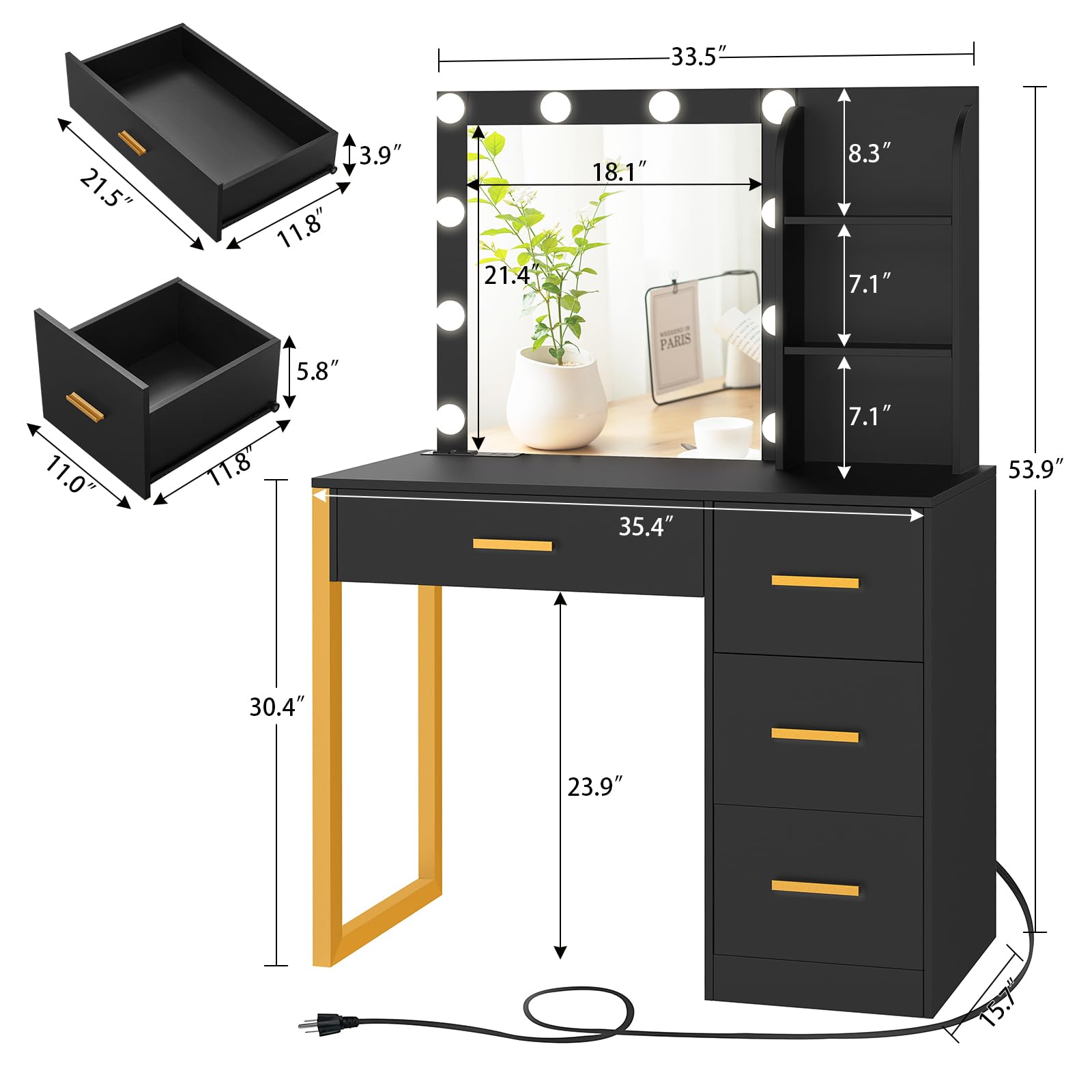 FIONESO Makeup Vanity Desk with Mirror & Lights, Vanity Desk with 4 Drawers & Charging Station, Dressing Vanity Table with Open Storage Shelves, 3 Color Modes, Vanity Table for Bedroom, White