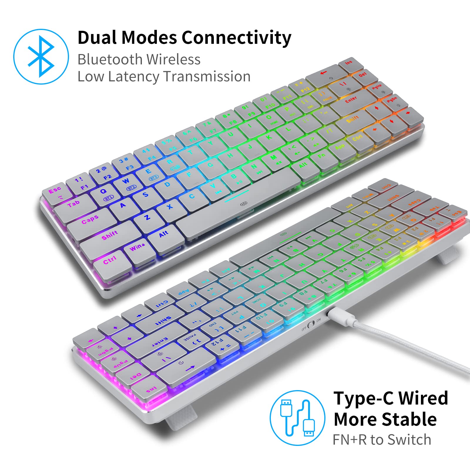 chuangquan CQ009 Mechanical Wireless/Wired Gaming Keyboard Bluetooth 5.0 RGB Backlit Red Switch Compact 69 Keys Compatible with PC,Laptop and Smartphone (Silver)