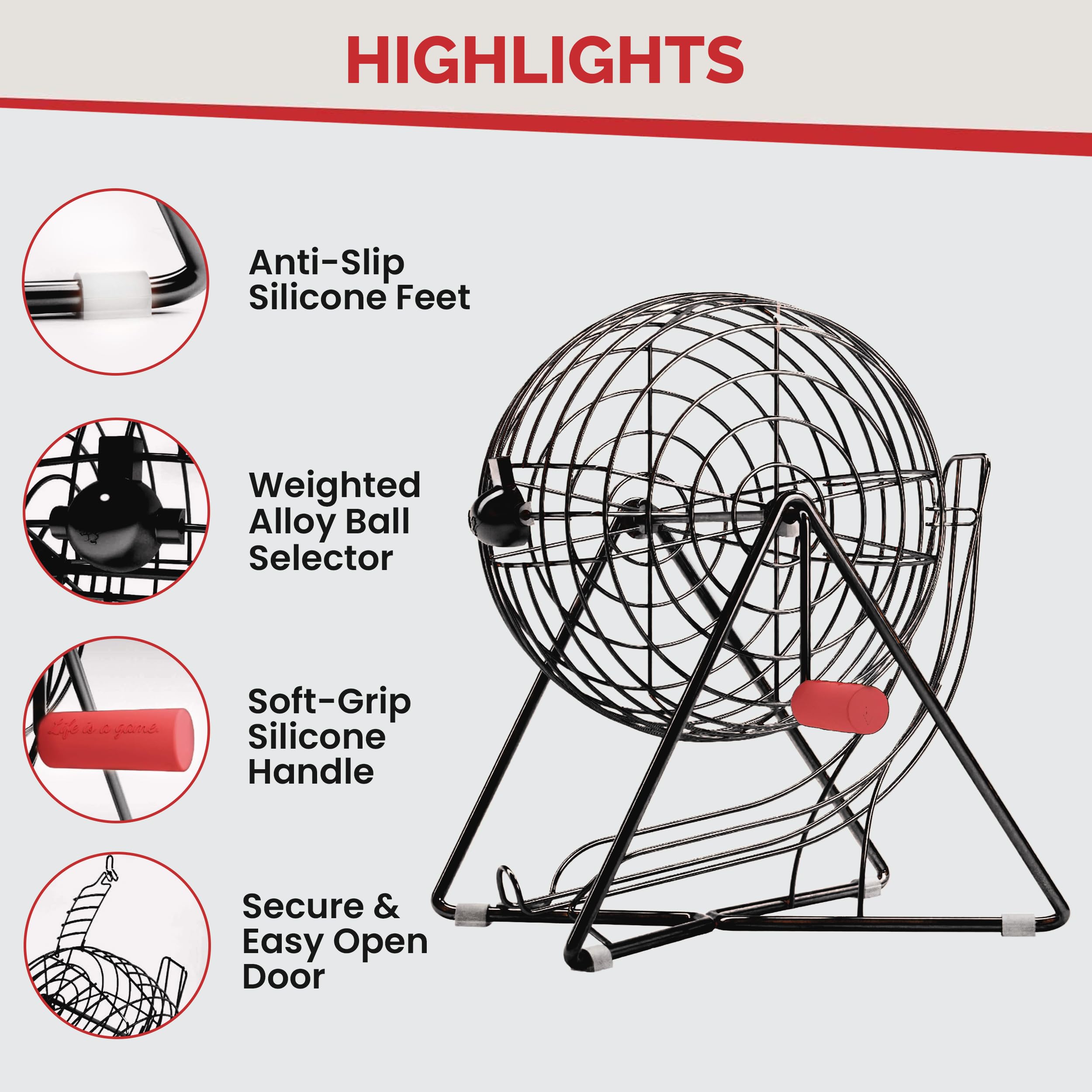 MR CHIPS 11" (Inch) Tall Professional Bingo Set with Steel Bingo Cage, Everlasting 7/8β Bingo Balls, 18 Bingo Cards and 300 Bingo Chips - Mysterious Black Color