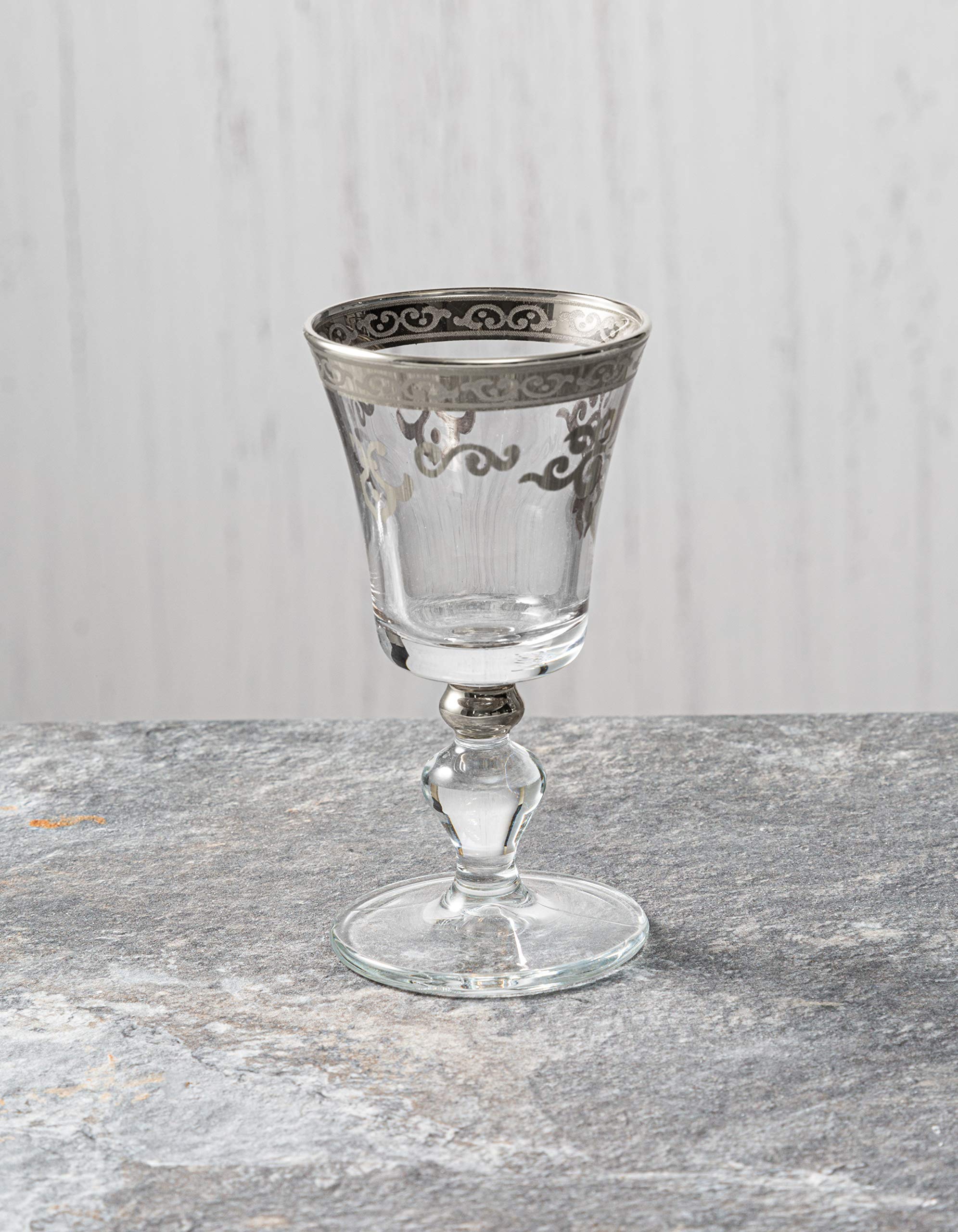Clear Liquor Glasses with Stem and Silver Design-Set of 6-Fills 2 ounces-Measures: 4"H x 2"D