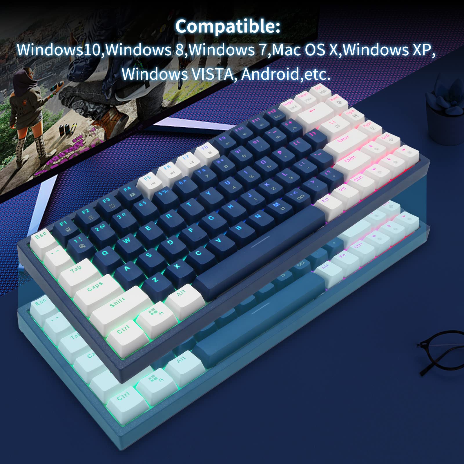 Chuangquan CQ84 Gaming Mechanical Keyboard, programmable RGB Backlight, 84 Keys Compact Keyboard, 60% Keyboard for Windows Tablets, Laptops, Desktops, Blue and White Keycaps(Brown Switch