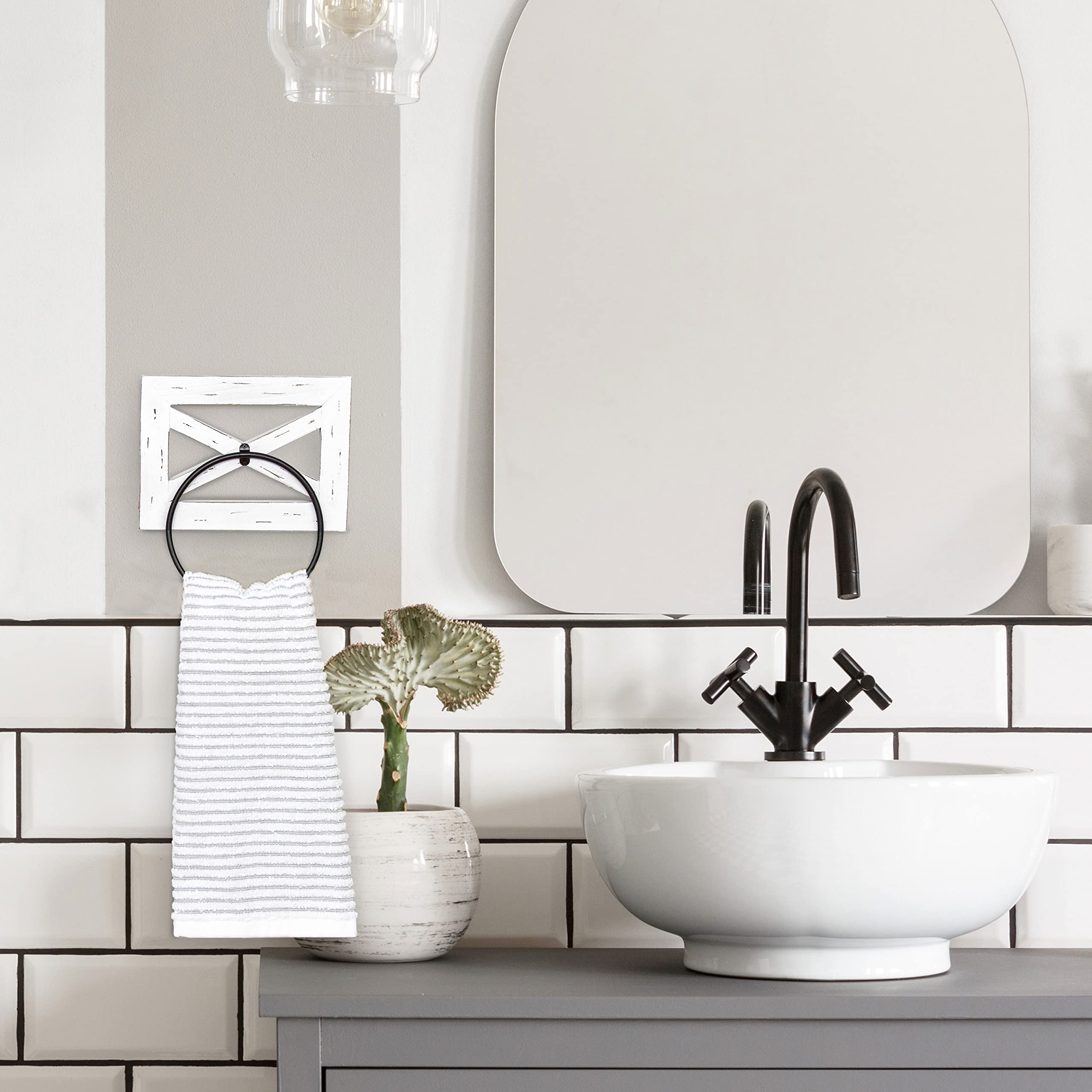 Ilyapa Rustic Hand Towel Ring for Bathroom- Wall Mounted Bathroom Hand Towel Holder - White Wood & Black Metal Ring, Farmhouse Decor