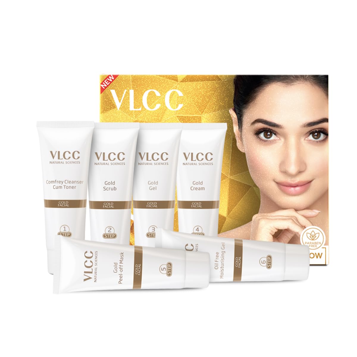 VLCC Gold Facial Kit - Single Use | Salon Like Facial at Home in Just 6-Steps | Includes Cleanser, Scrub, Cream, Face Pack & Moisturizing Gels | 2.12 Oz/60g