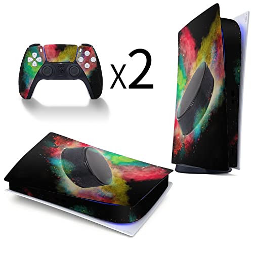 Colorful Hockey Full Protective Skin Cover Design Wrap Decal Sticker Compatible with PS5 Digital Edition Console and Controller