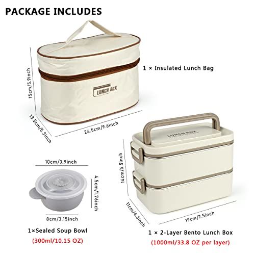Keweis Bento Box Adult Lunch Box, Portable Insulated Lunch Containers Set, 2-Tier Stackable Stainless Steel Bento Boxes with Thermal Lunch Bag Soup Bowl, Leakproof Food Container