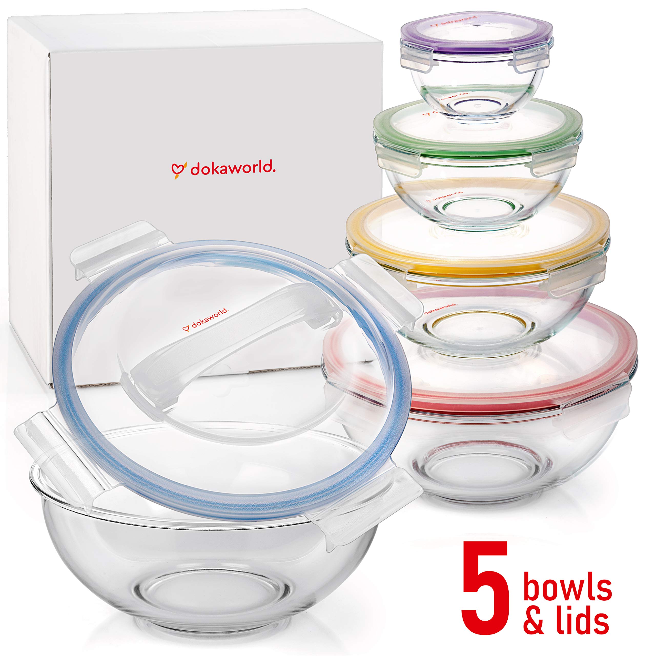 dokaworld Glass Mixing Bowls - Nesting Bowls - Space-Saving Glass Bowls with Lids Food Storage - Set of 5 Stackable Microwave Glass Containers - Storage Bowls with Lids Bpa Free - Bowls for Cooking
