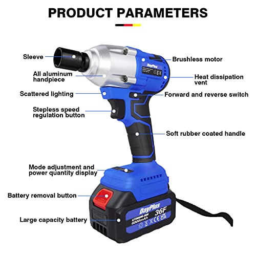 Cordless Impact Wrench 1/2 inch,420N.m Max Torque, Brushless Power Impact Gun, 6.0Ah Li-ion Battery with Fast Charger, 4Pcs Sockets, Electric Impact Driver for Car Home