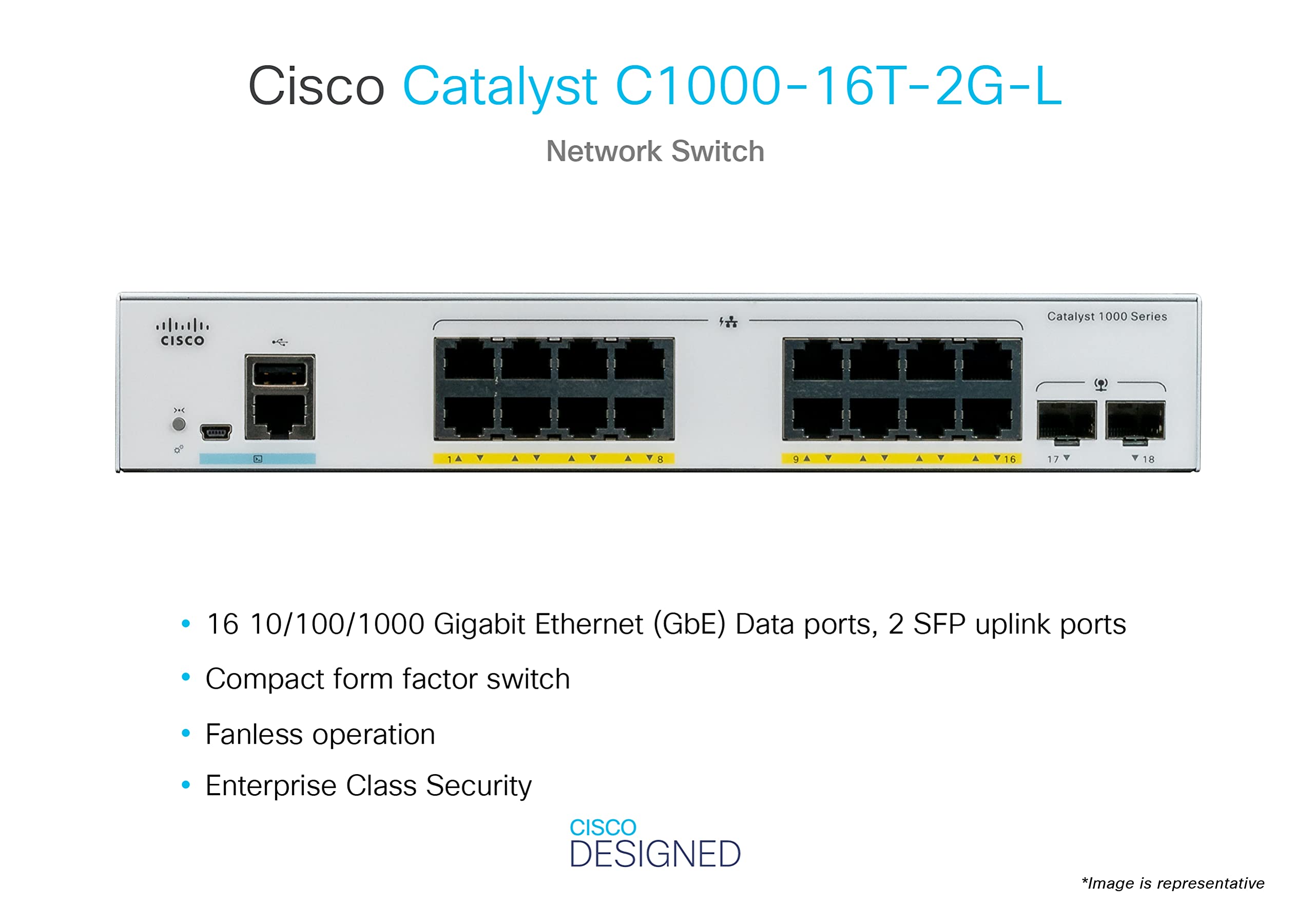 Cisco Catalyst 1000-16T-2G-L Network Switch, 16 Gigabit Ethernet Ports, 2 1G SFP Uplink Ports, Fanless Operation, Enhanced Limited (C1000-16T-2G-L)