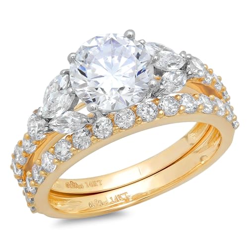 Clara Pucci 3.06ct Round Cut Genuine Zircon 14k 2 tone Gold Solitaire W/Accents Wedding Engagement Set Bridal Anniversary Ring Size 5.25
