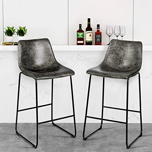COSTWAY Set of 4 Bar Stool, Vintage Faux Suede Bar Stools, with Metal Legs, Back and Footrest, Upholstered Stool Chairs for Home Kitchen, Pub (Grey, 4)