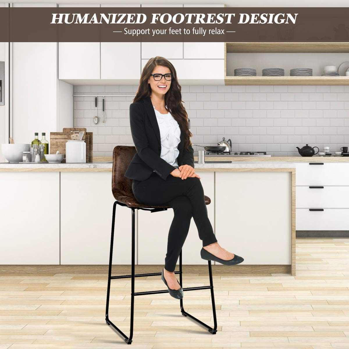COSTWAY Set of 2 Bar Stools, Vintage Faux Suede Bar Stools, with Metal Legs, Back and Footrest, Upholstered Stools for Home Kitchen, Pub (Brown, 4)
