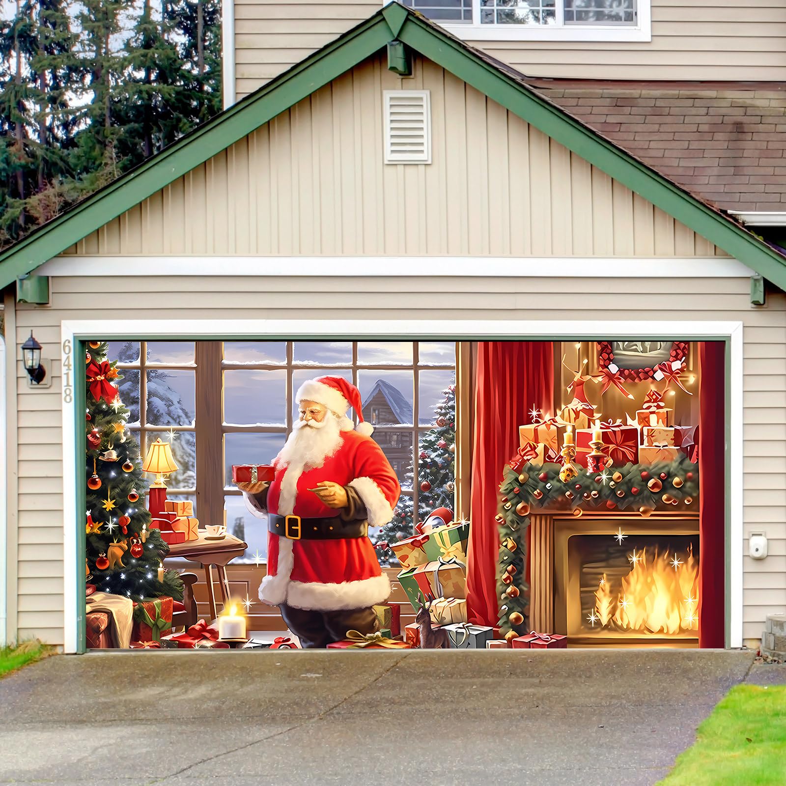 Christmas Banner Garage Door Decorations Christmas Backdrop Decoration Winter Large Door Cover Decoration Indoor Outdoor for Christmas Holiday Party Supplies (Warm)