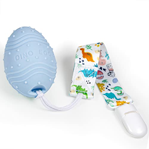 DINO EGGIE Dinosaur Egg Baby Teething Toy Rattle Teether, Made with 100% Food-Grade Silicone for Infant Boys Girls 2m+ (Blue)