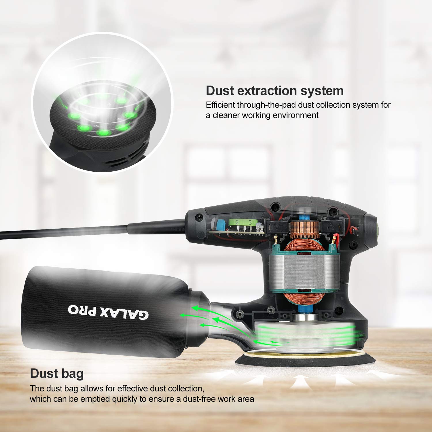 GALAX PRO 280W 13000OPM Max 6 Variable Speeds Orbital Sander with 15Pcs Sanding Discs, 5” electric Sander with Dust Collector for Sanding and Polishing