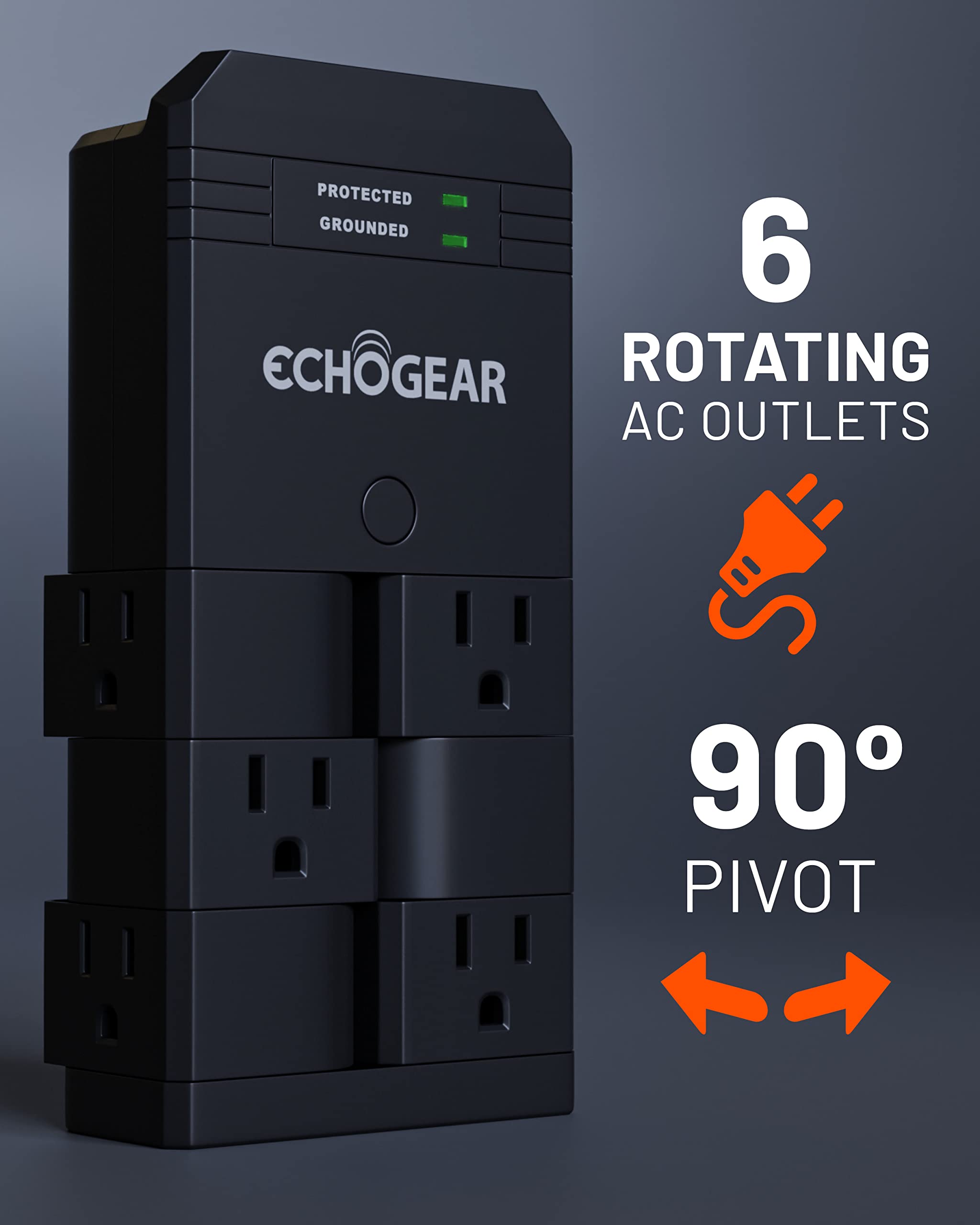 ECHOGEAR Wall Outlet with Surge Protection - Power & Protect 8 Devices with 6 Rotating AC Plugs & 2 USB Ports - Includes 1x USB-C Port & 1x USB-A Port - Black