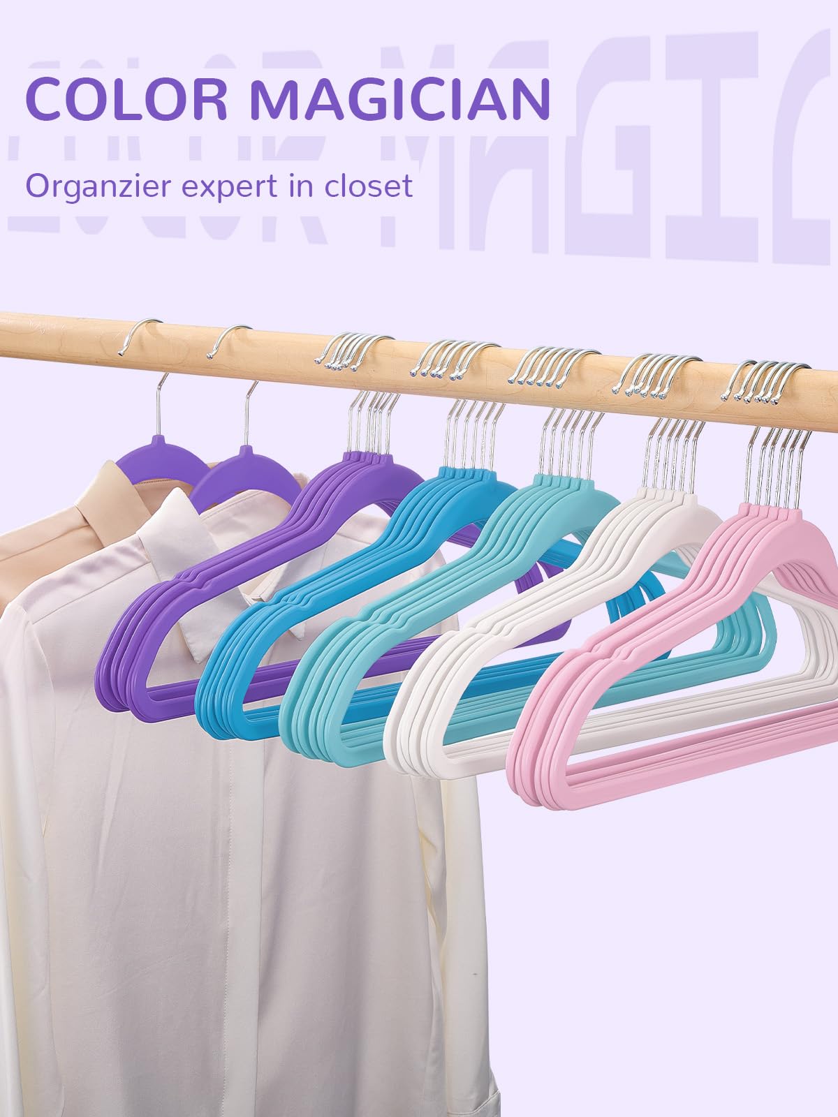 HOUSE DAY 60 Pack Plastic Hangers, Purple Hangers Extra Wide with 360°Swivel Hook, Space Saving Hangers for Bedroom Closet, Shirts, Pants, Heavy Duty Hangers Enough for Coat, Suit