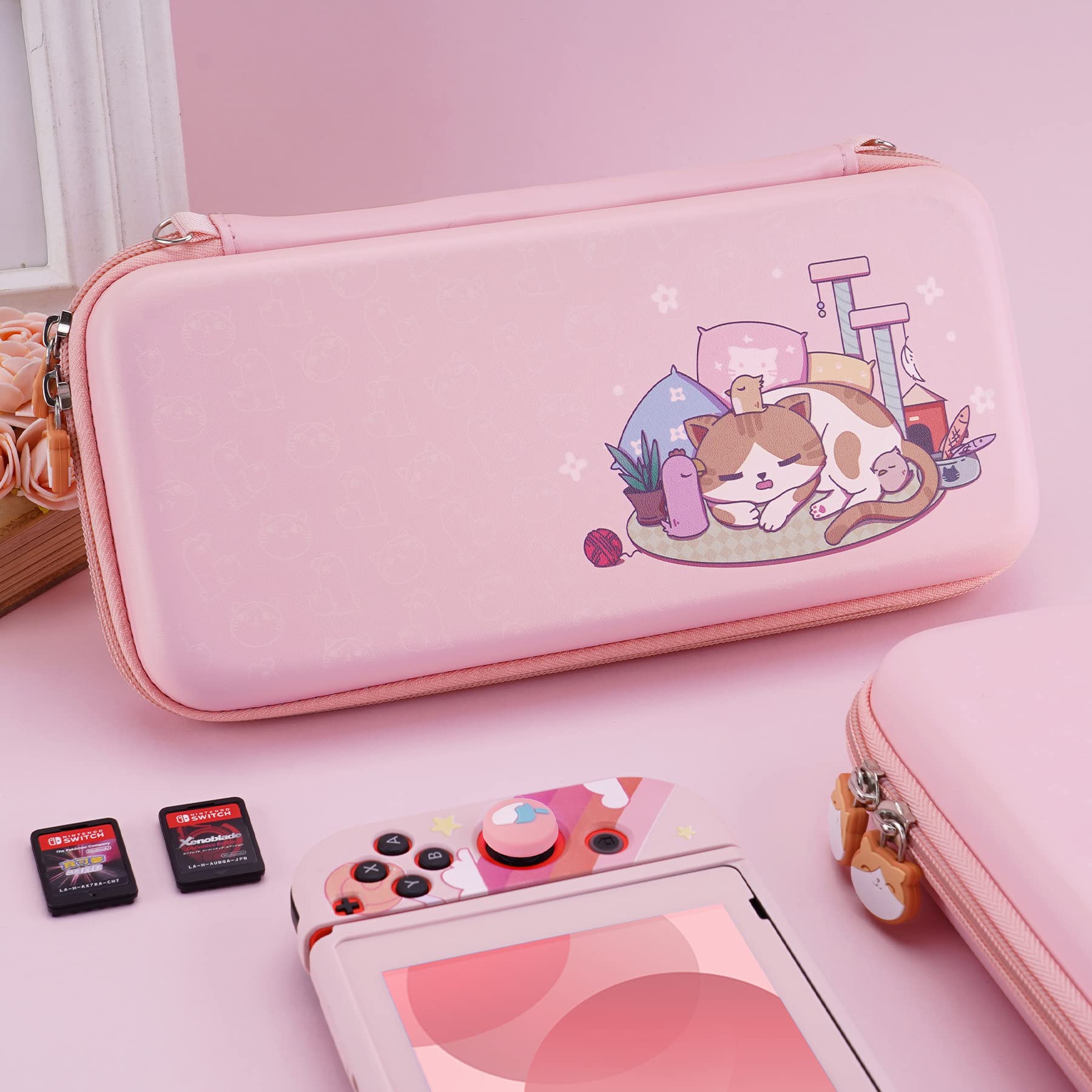 PlayVital Pink Cute Carrying Case for Nintendo Switch & OLED, Thumb Grip Caps & Kitten & Chicken Slim Travel Case for Switch Portable Hardshell Girl Storage Game Accessories