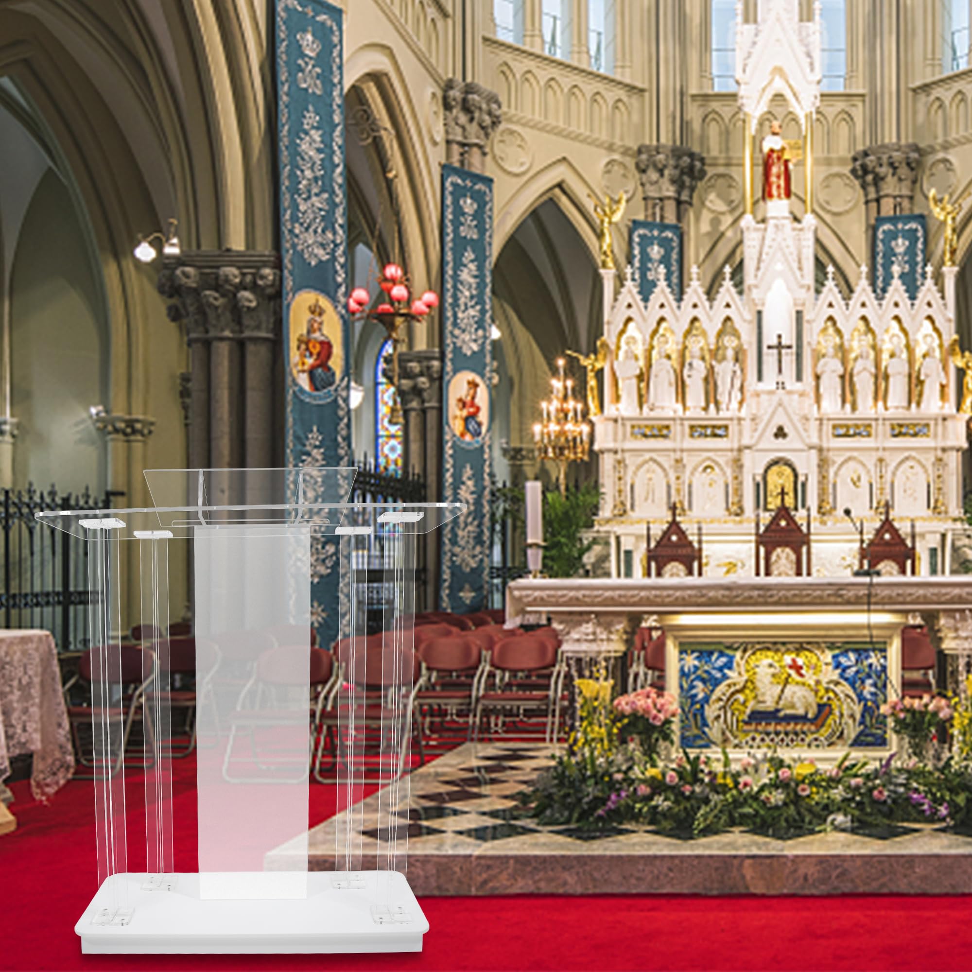 Clear Podium Stand - Acrylic Pulpits for Churches with Led Light, Professional Portable Presentation Podium Lectern with Wide Reading Surface for Restaurants, Weddings, Office and Classrooms