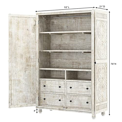 Khalifa Hand Carved Wardrobe Armoire - Weathered White Finish Mango Wood