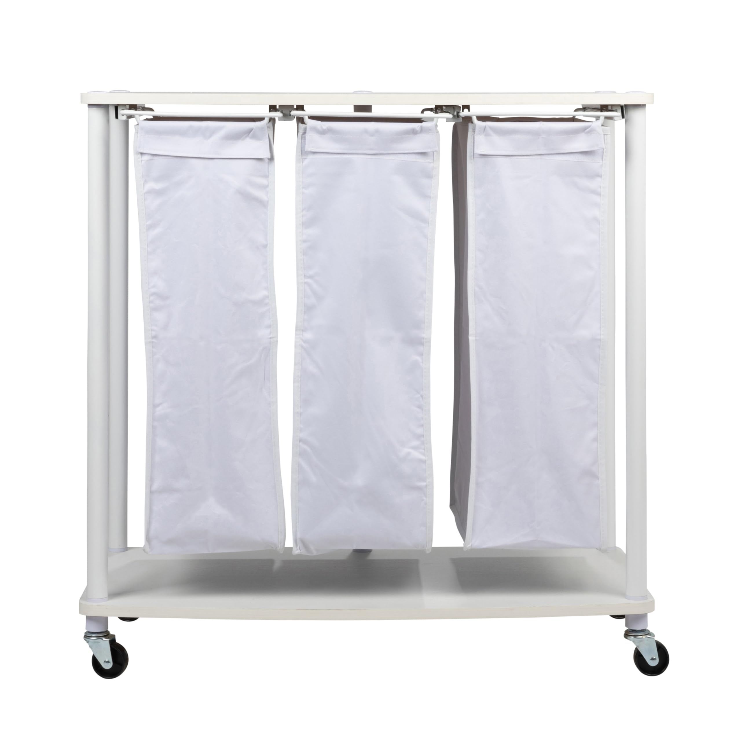 Household Essentials 3-Bag Laundry Sorter, Smooth Laminate Shelving, Sturdy Steel Frame, Wheeling and Stationary Feet Options, Washable Linen Laundry Bags, 3-Load Capacity, Versatile, White
