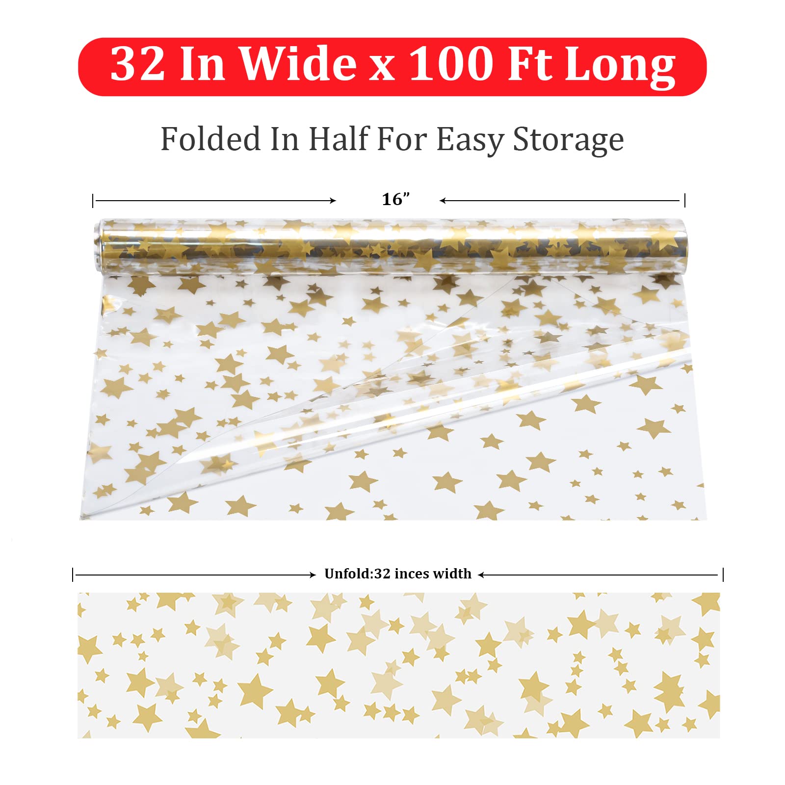 Christmas Cellophane Wrap Roll, Cellophane Wrap Gift Basket Wrap, Nistar Cellophane Wrap Roll (32 in x 100 ft) Gold for Gift Baskets with 8 Bows Extra Large Clear Wrapping Paper to Treats, Flower, DIY Craft for Holiday, Christmas