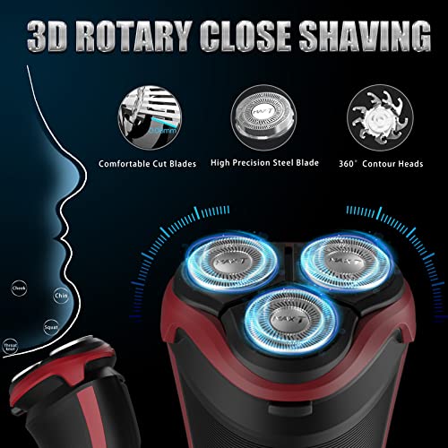 MAX-T Men's Electric Shaver - Corded and Cordless Rechargeable 3D Rotary Shaver Razor for Men with Pop-up Sideburn Trimmer Wet and Dry Painless 100-240V Red