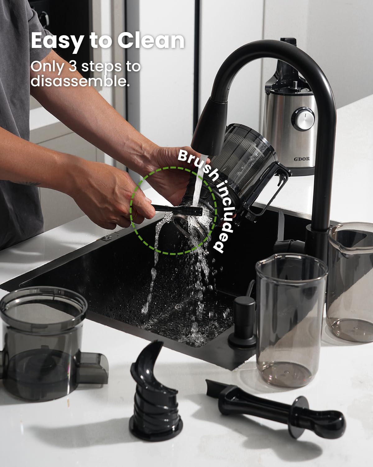 GDOR Cold Press Juicer with 4.25'' Feed Chute, Masticating Juicer Machines Fits Whole Fruits and Vegetables, Self Feeding Slow Juicer with Low Noise, Silver