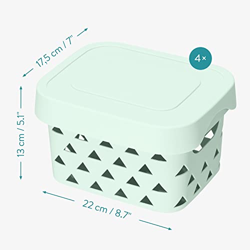 Navaris Plastic Storage Baskets with Lids (Set of 4) - 8.7" L x 6.9" W x 5.1" H - Stackable Basket Organizing Containers Bins with Lid - Mint Green