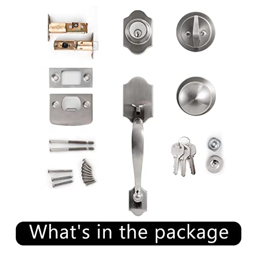 KIAYACI Front Door Lock Set Silver Door Handle Exterior Door Lock Set with Deadbolt Single Cylinder HandleSet Curved Handle Lower Half Grip Round Knob Satin Nickel Front Door Knob