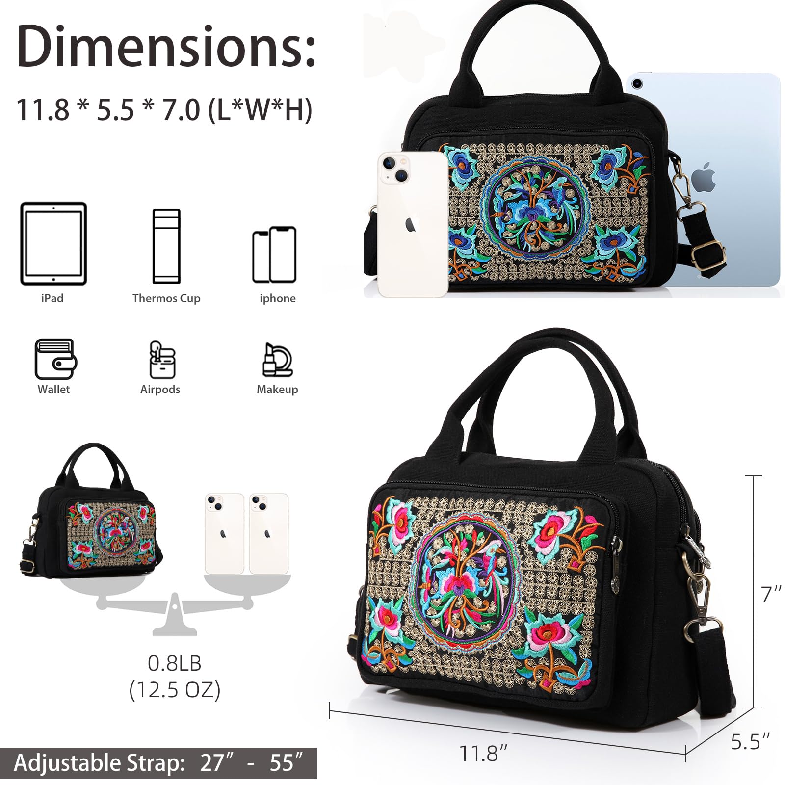 Embroidered Canvas Top Handle Handbag, 3 Layers Crossbody Bag
