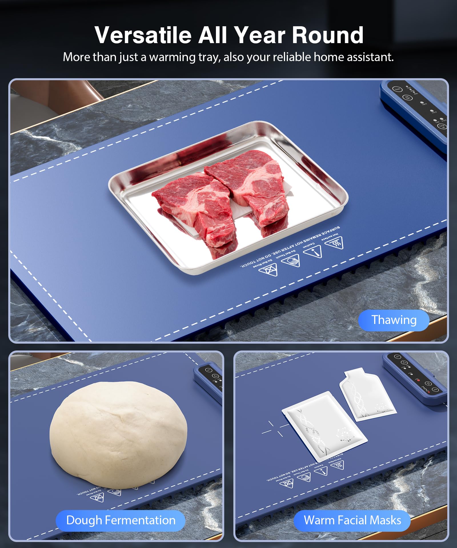 Electric Warming Tray - Full Surface Heating,Rollable & Portable - 3 Temperature Settings & Fast Heating,Food Warmer Rolling Silicone Mat for Gatherings,Parties, Buffet,Everyday Use (Blue)