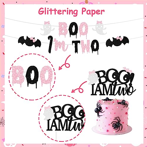 Halloween 2nd Birthday Decorations Girl, Boo I’m Two Banner & Cake Topper, Black Pink White Balloon Garland Arch Kit with 3D Bat Wall Stickers Number 2 Ghost Foil Balloons for Second Bday Party