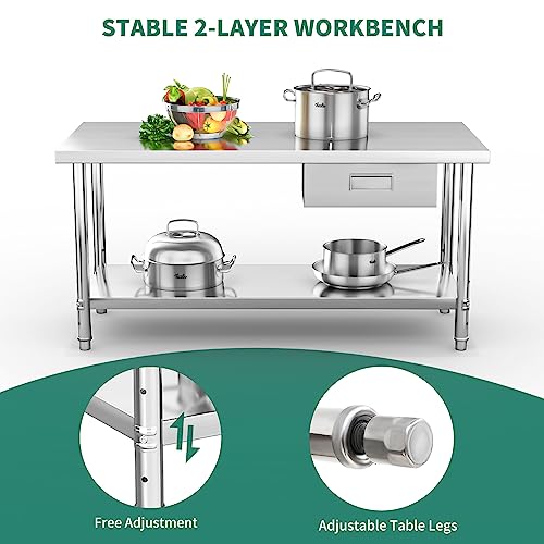 YITAHOME Stainless Steel Table with Drawer, 60" X 24" Work Table with Drawer, Metal Table Prep Table for Home Kitchen Restaurant Garage Warehouse