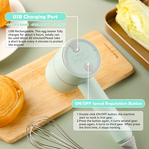 NAYAHOSE Hand Mixer Electric Garlic Chopper Egg Beater, Cordless Handheld Food Processor with 300ML Glass Container, 3 Speed Adjustable, USB Rechargeable Electric Whisk for Cooking Baking