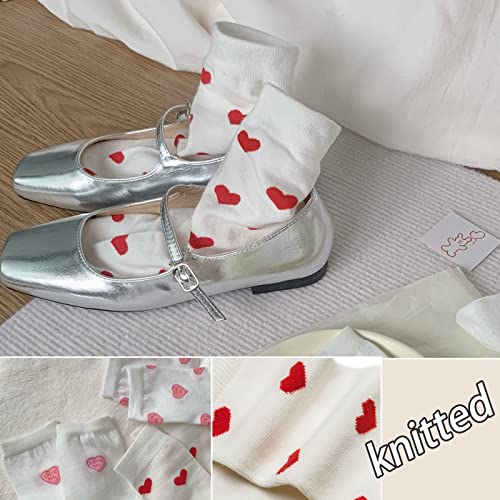 CHUNFO Cute Heart White Red Crew Women Socks Frilly Fun Bear Pattern Long Ankle Novelty Aesthetic Girls Sock 4 & More Pairs (5Pairs β Heart Pattern 03)