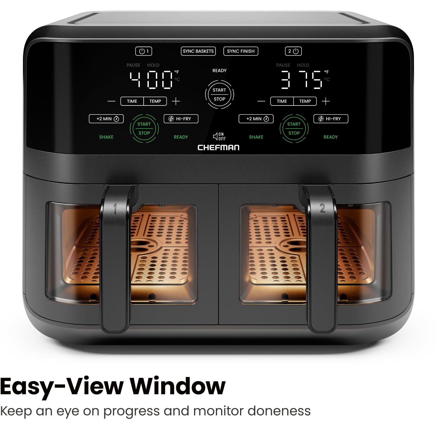 CHEFMAN 6 Quart Dual Basket Air Fryer Oven with Easy View Windows, Sync Finish, Hi-Fry, Auto Shutoff, 2 Independent 3Qt Nonstick Dishwasher Safe Frying Baskets, Digital Double Air Fryer - Black