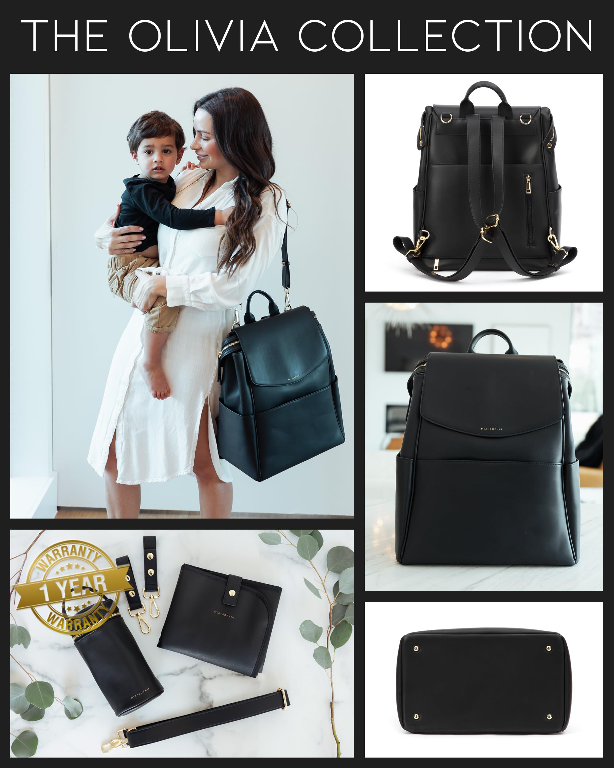 MIA + SOPHIA Leather Diaper Bag Backpack with Changing Pad, Stroller Straps, Bottle Holder (Black Olivia)
