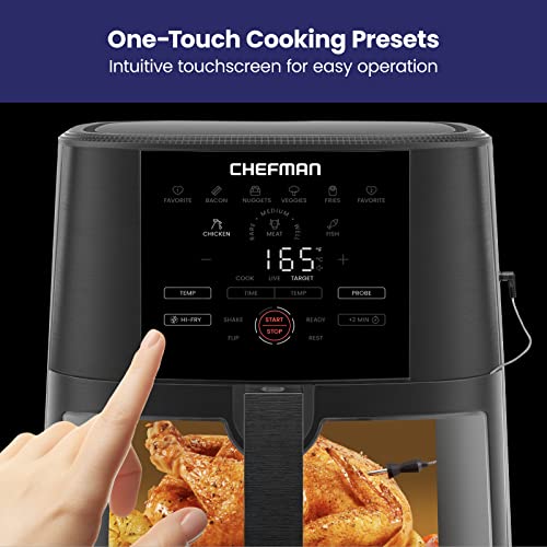 Chefman Air Fryer 8 Qt with Probe Thermometer, 8 Preset Functions, 1-Touch Digital Display Compact Cooker, Extra Large Nonstick Square Air Fryer Basket with Window, Dishwasher-Safe Parts, Black