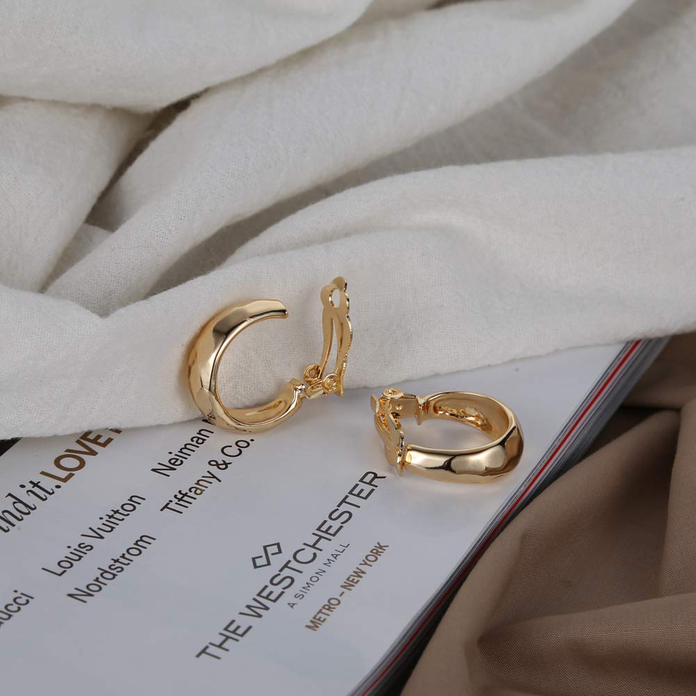 Chunky Gold Clip on Hoop Earrings for Women, 14k Gold Plated Hoops Earring Jewelry