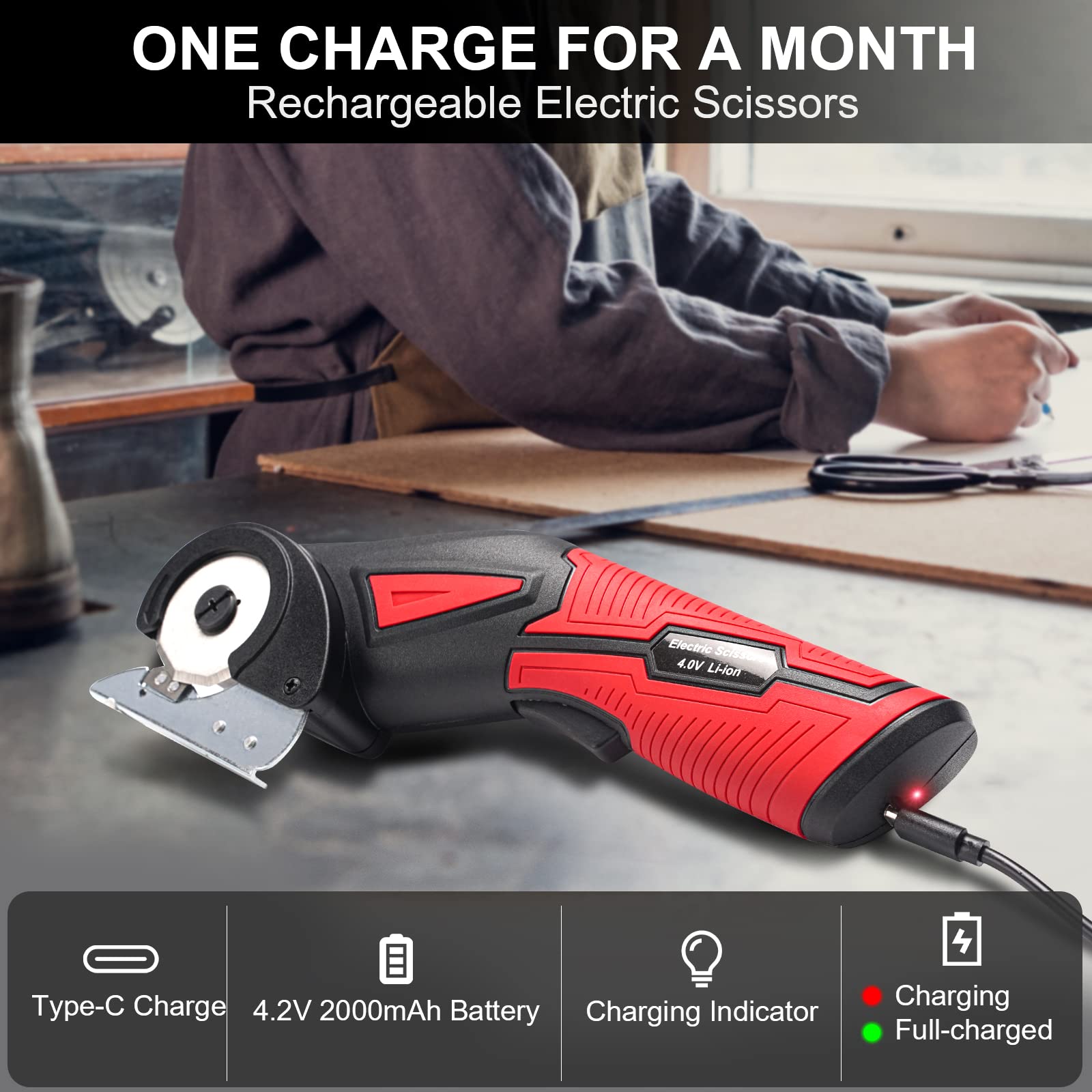 Cordless Electric Scissors Cutter Tool - Rotary Multi-Cutting Power Tools Rechargeable with Safety Lock Sharp Blade for Box Fabric Cardboard Carpet Cloth, Gifts for Men Women Crafter Tailor Household