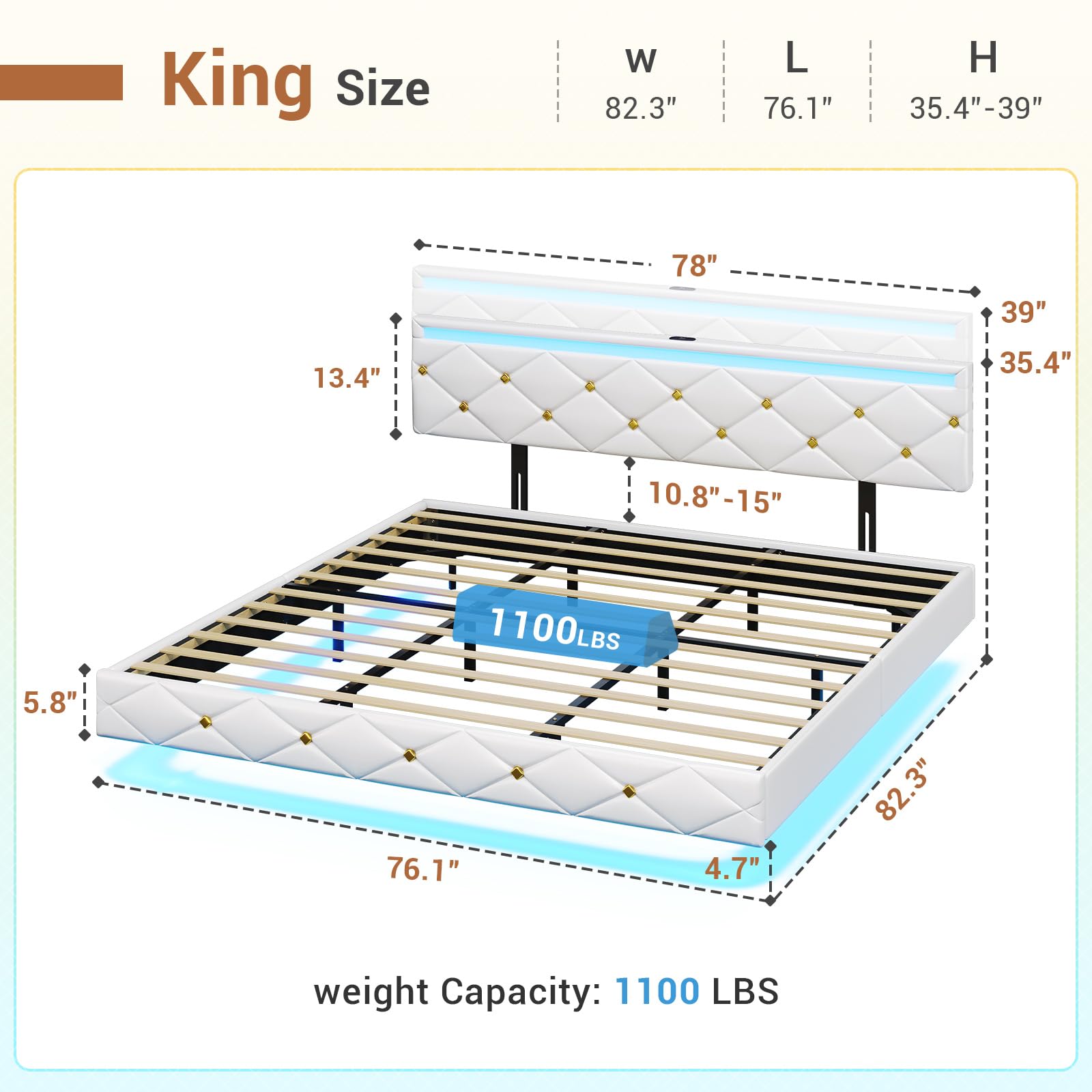 Hasuit Floating Bed Frame King Size with LED Lights and Charging Station, Modern King Platform Bed with Vegan Leather Upholstered Headboard, No Box Spring Needed, Noise Free, Easy to Assemble
