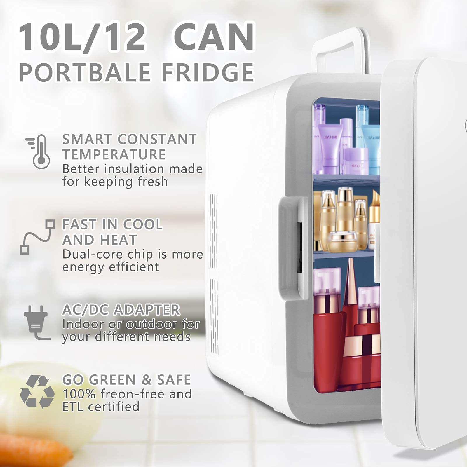 Cenow Mini Fridge for Bedroom, 10 Liter/12 Can Rapid Cooling Skincare Fridge for Cosmetics, Foods and Drinks, Portable Mini Refrigerator with AC/DC for Home, Office, Car (White)