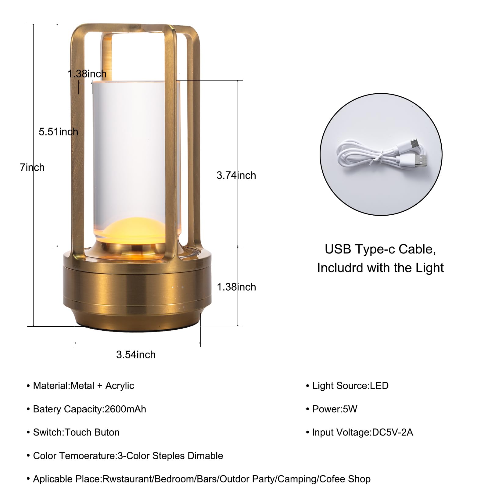 Cordless Portable LED Table Lamp, Rechargeable Battery Operated Desk Lamp with Touch Sensor (2600mAh), Three-Level Dimmable Suitable for Bars/Cafes/Restaurants/Bedrooms/Camping Sites (Gold)