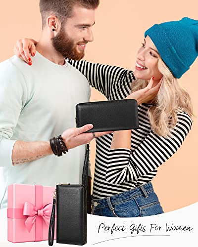 Chelmon Womens Wallet Large Capacity Zip Holder Clutch Bifold Wrist Strap Long Purse Black
