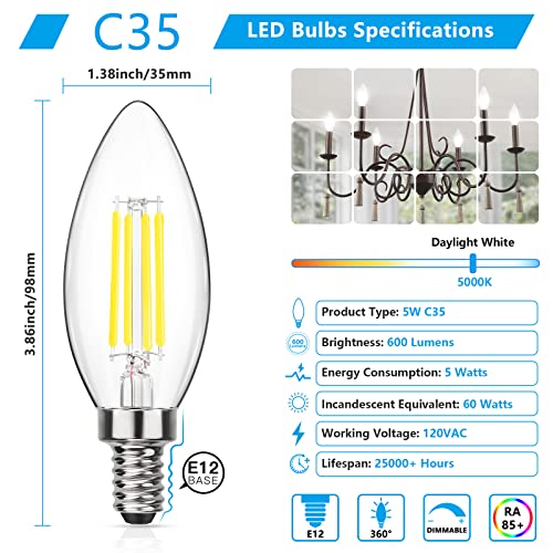 MAXvolador Dimmable E12 Candelabra LED Light Bulbs 60W Equivalent, Daylight White 5000K, 600Lumens LED Chandelier Bulb, Decorative B11 Filament Candle Light Bulbs Clear Glass, Pack of 5