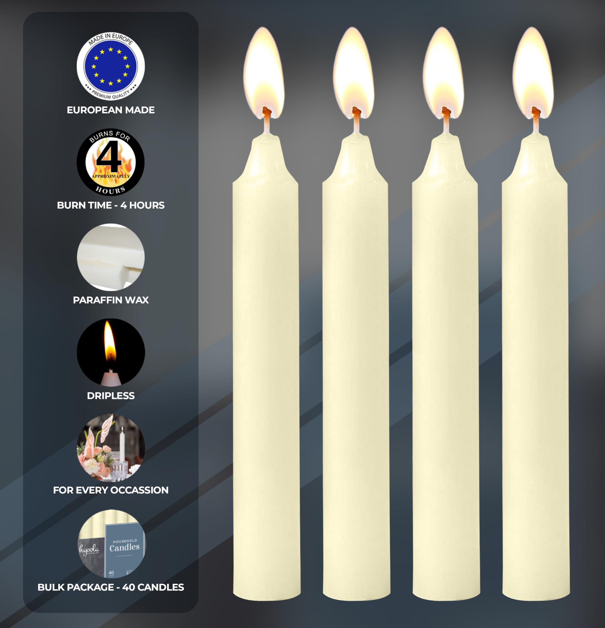Hyoola Taper Candles - 5 Inch Ivory Dripless, Unscented Dinner Candle - 40 Pack European Made Candles 4 Hour Burn Time