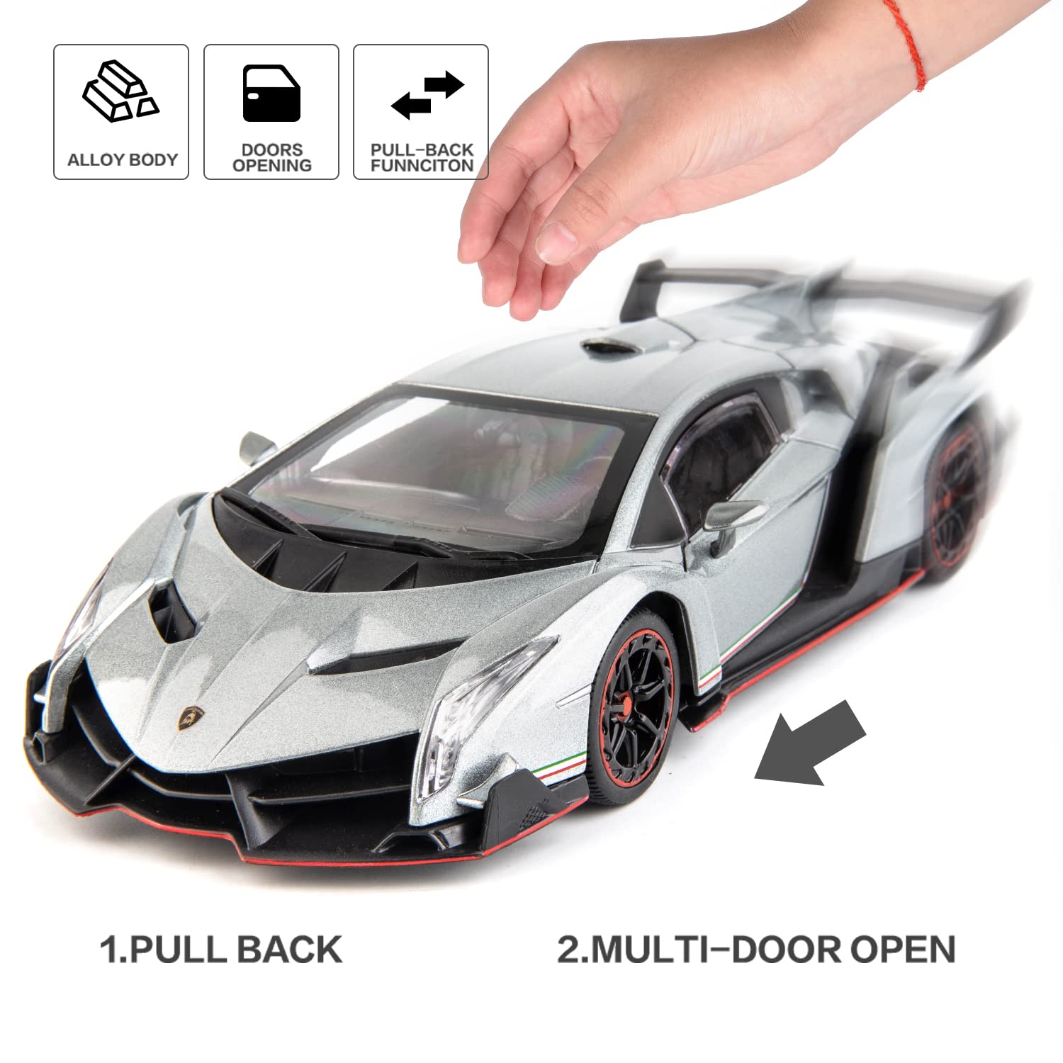 WAKAKAC Diecast Car for Lambo Veneno Model Car 1/24 Scale Sports Toy Vehicle Door Can be Opened Toy Car Front Wheel Steerable (Gray)