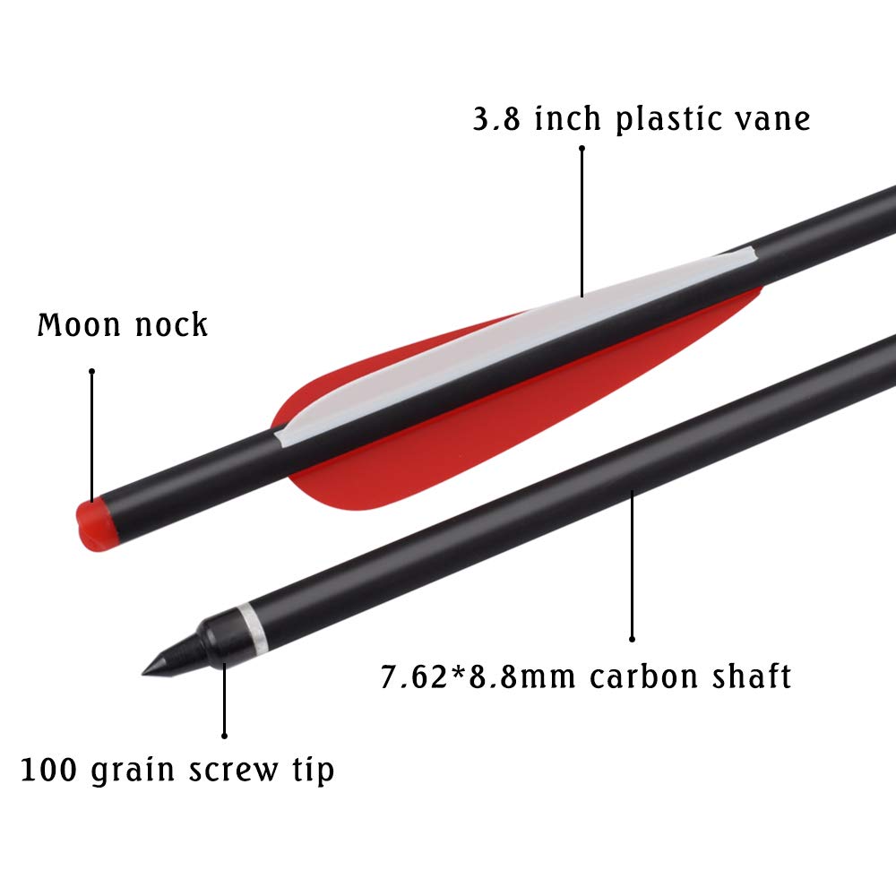 Carbon Crossbow Bolts 18 20 22 Inch Hunting Archery Arrows with 4" Vanes Replaced Arrowhead Tip (Pack of 12)
