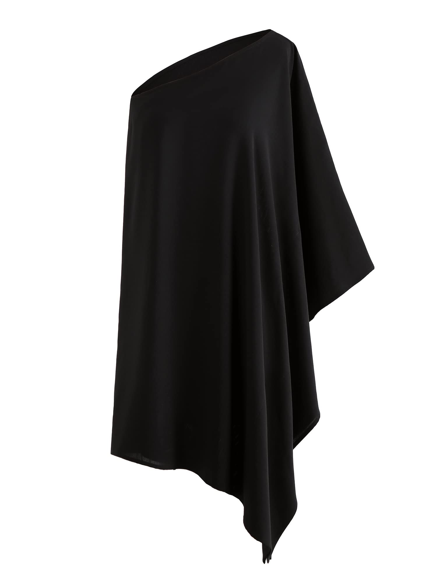 Chunoy Women Casual Summer Batwing Sleeve Side to Side One Shoulder Statement Flowy Mini Dress Black