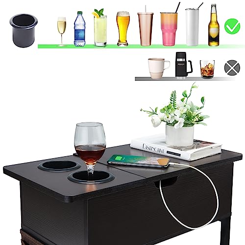 Lovitgo End Table with Power Outlet, Small Side Table with USB Ports & Fast Charging, Flip Top Nightstand with 2 Cup Holders & Fabric Drawer, Fabric Bag for Small Spaces,Living Room,Bedroom